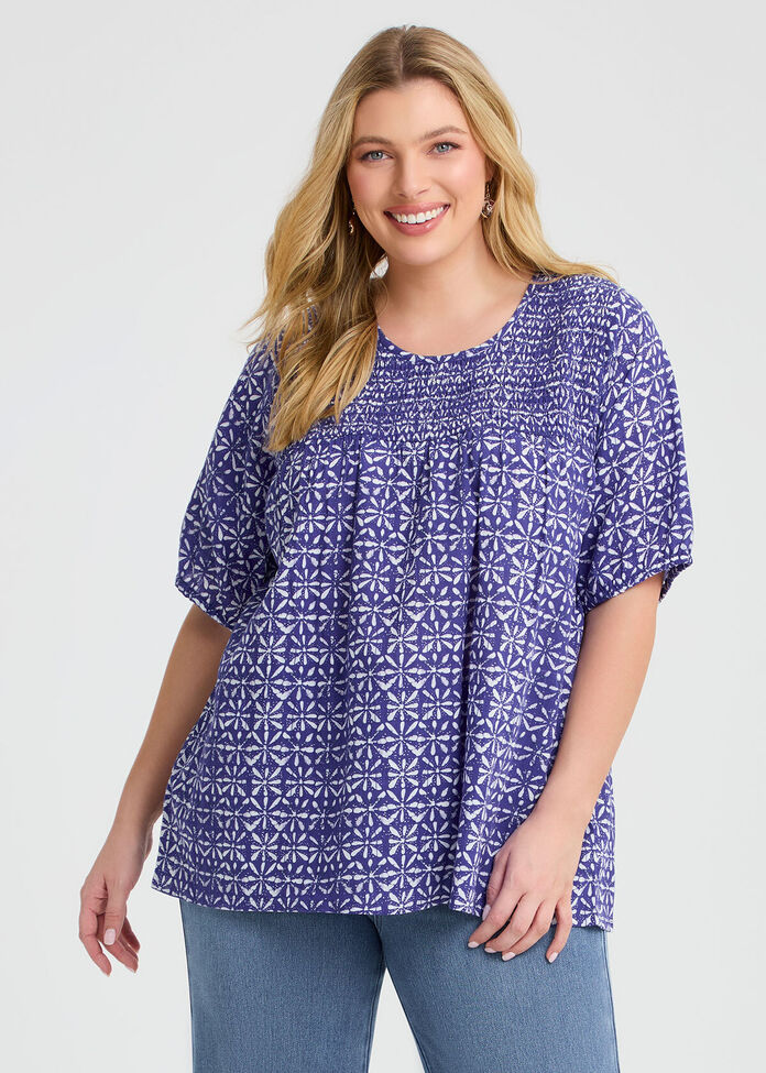 Shop Plus Size Cotton Shibori Shirred Yoke Top, Print | Taking Shape AU