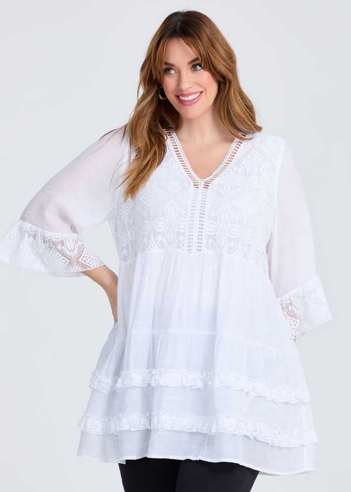 Shop Plus Size Lace Trim Tiered V-neck Tunic, White | Taking Shape AU