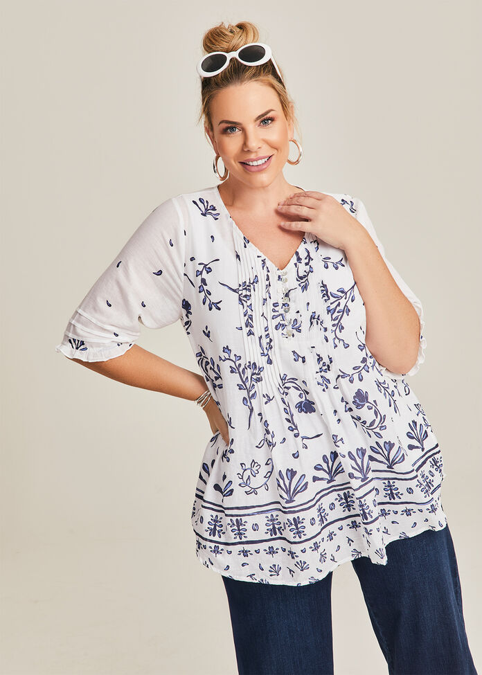 Blue Cotton Pintuck Top for Plus Size Women | Taking Shape AU