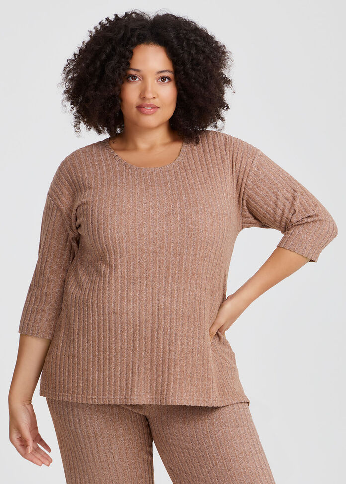 Shop Plus Size Cosy Rib Lounge Top, Brown | Taking Shape NZ
