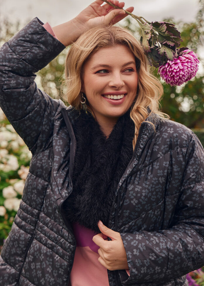 Shop Plus Size Mid Length Print Puffer Jacket, Black | Taking Shape AU