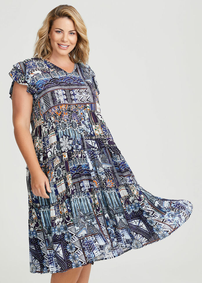 Shop Plus Size Natural Indigo Tile Print Dress, Multi | Taking Shape AU