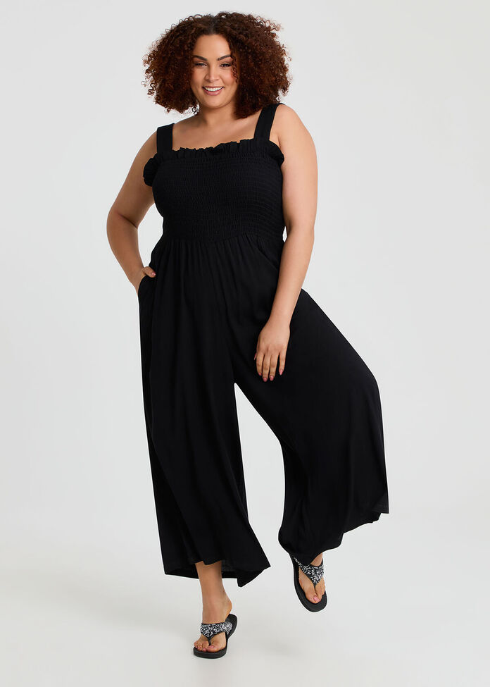 Shop Plus Size Shirred Bodice Natural Jumpsuit, Black | Taking Shape NZ