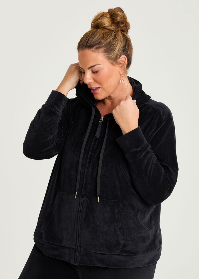 Shop Plus Size Velour Hooded Zip Through Jacket, Black | Taking Shape AU