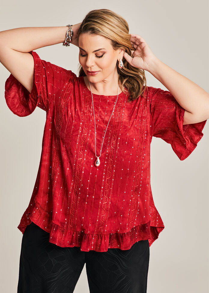 Shop Plus Size Salsa Sequin Ruffle Hem Top, Red | Taking Shape AU
