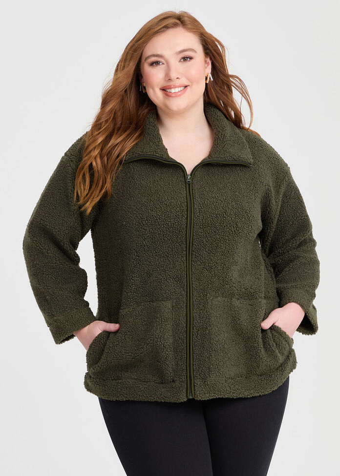 Shop Plus Size Teddy Zip Through Jacket, Green | Taking Shape NZ