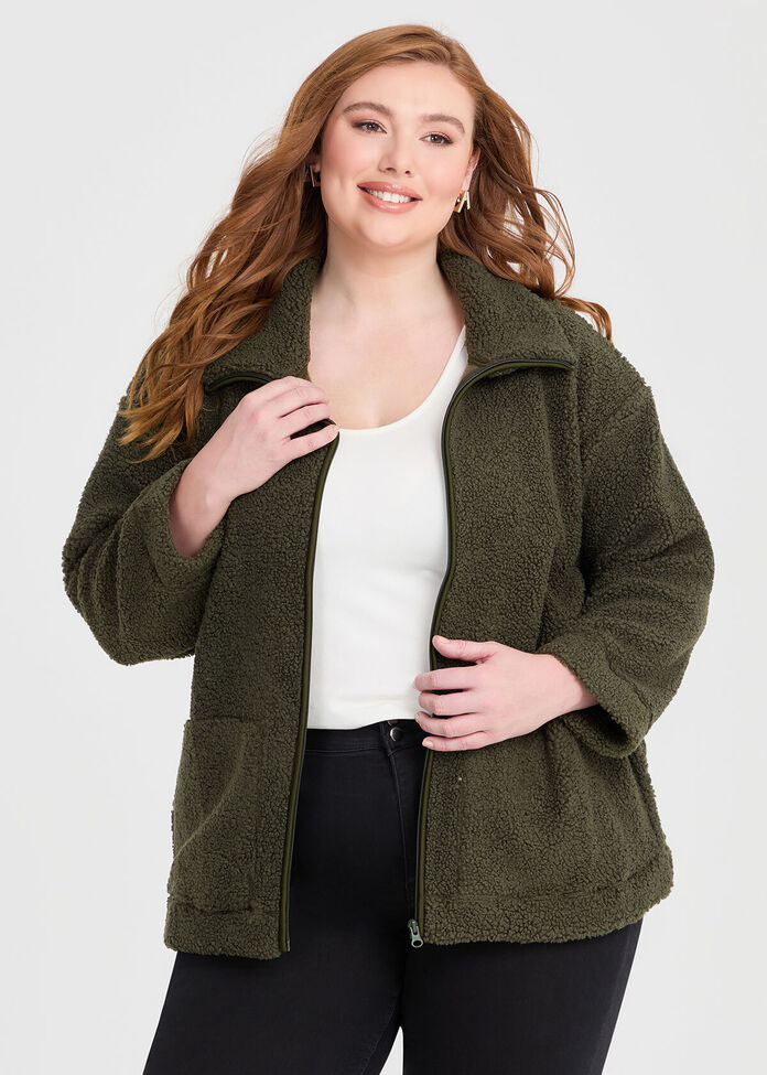 Shop Plus Size Teddy Zip Through Jacket, Green | Taking Shape AU