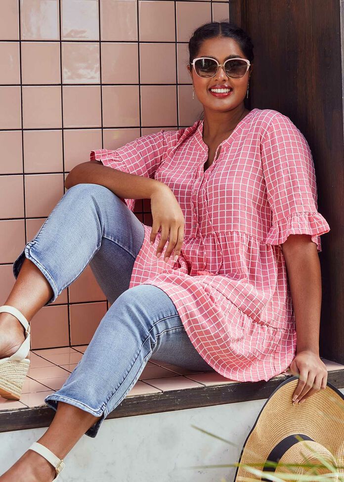 Shop Plus Size Natural Grid Jacquard Tunic, Blue | Taking Shape AU