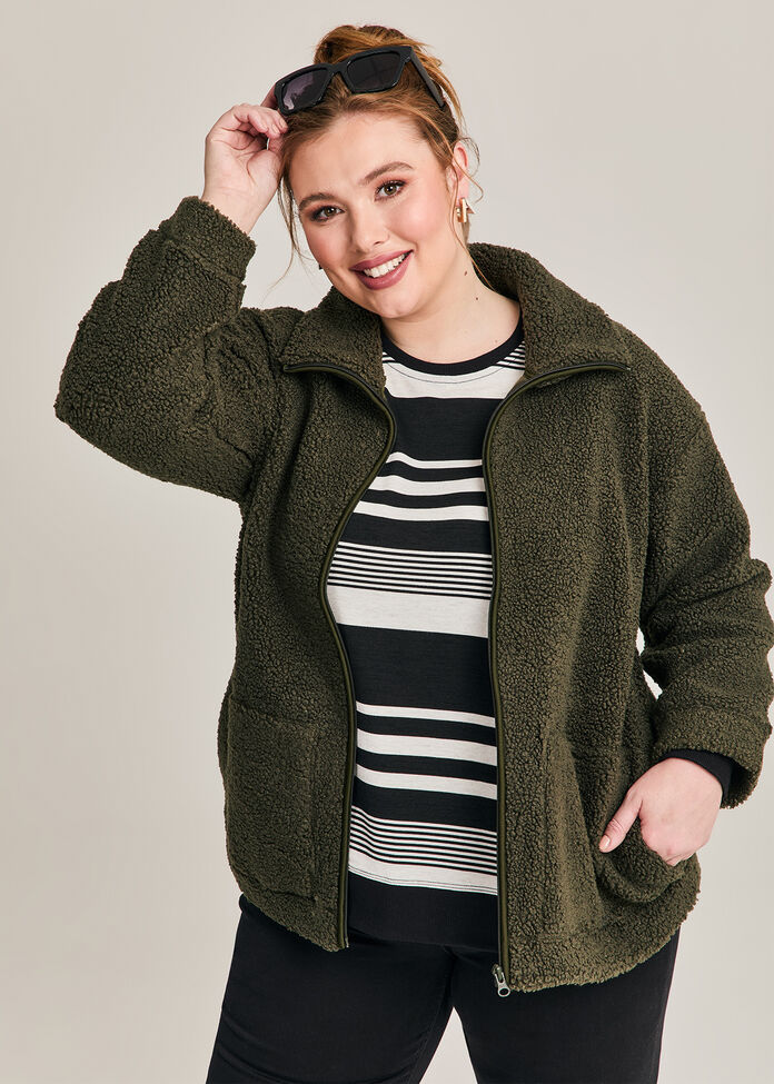 Shop Plus Size Teddy Zip Through Jacket, Green | Taking Shape AU