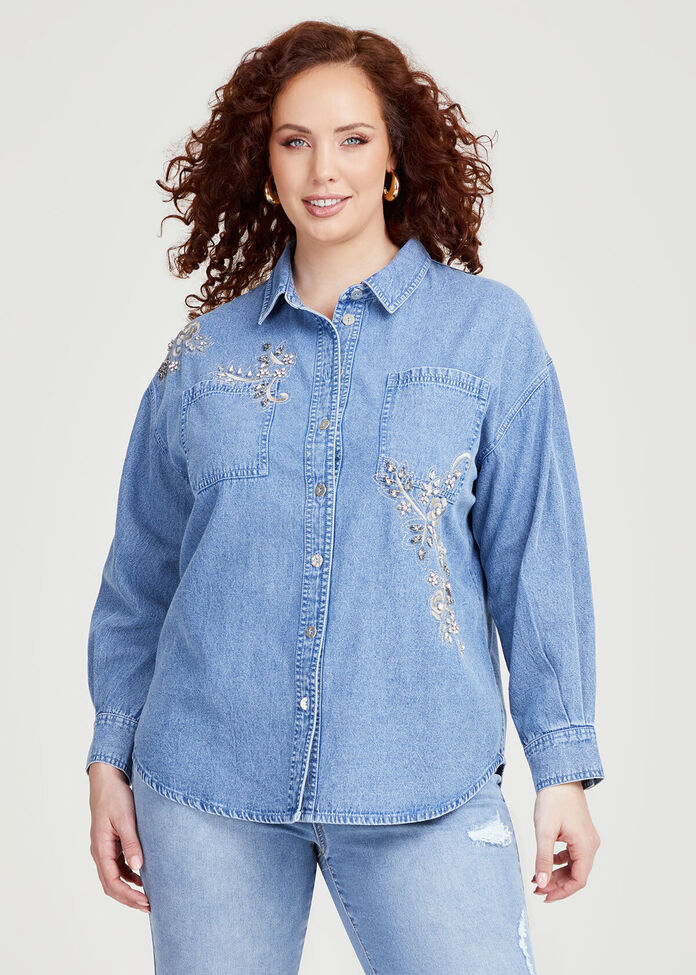 Shop Plus Size Chambray Embellished Shirt, Blue | Taking Shape AU