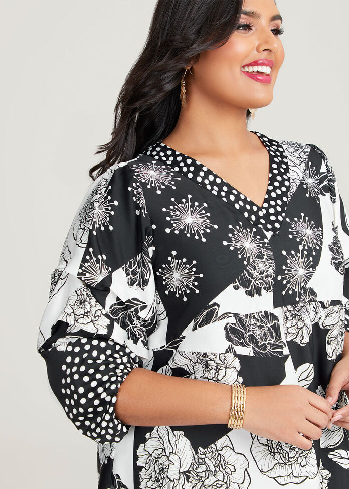 Shop Plus Size Mono Floral Tuck Sleeve Tunic in Black | Taking Shape AU