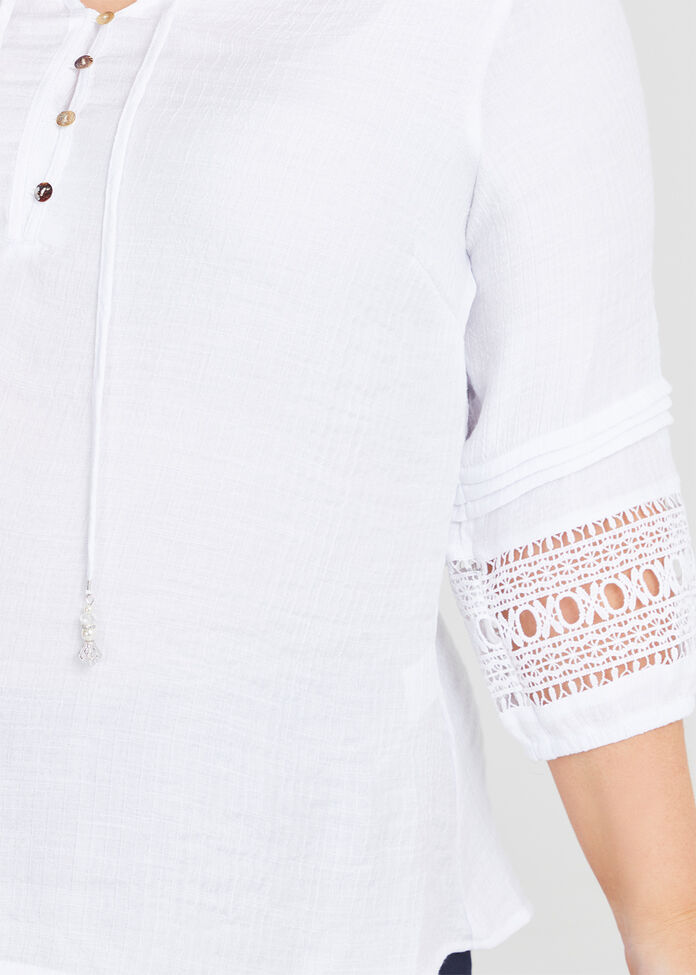 Shop Plus Size Lace Trim Crinkle Natural Top, White | Taking Shape AU