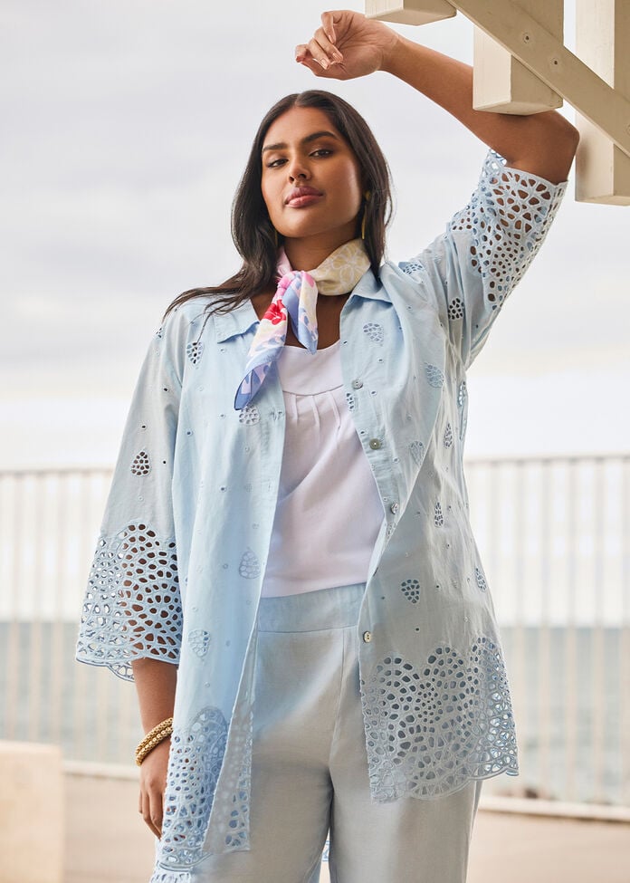 Shop Plus Size Broderie Border Cotton Shirt, Blue | Taking Shape AU