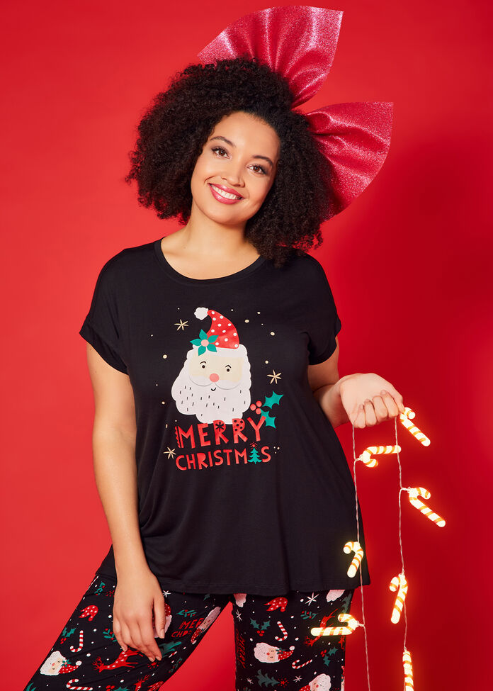 Plus Size Bamboo Santa Print Pyjama Top Black | Taking Shape AU