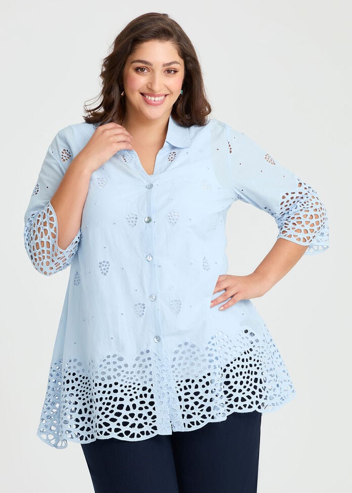 Shop Plus Size Broderie Border Cotton Shirt, Blue | Taking Shape NZ
