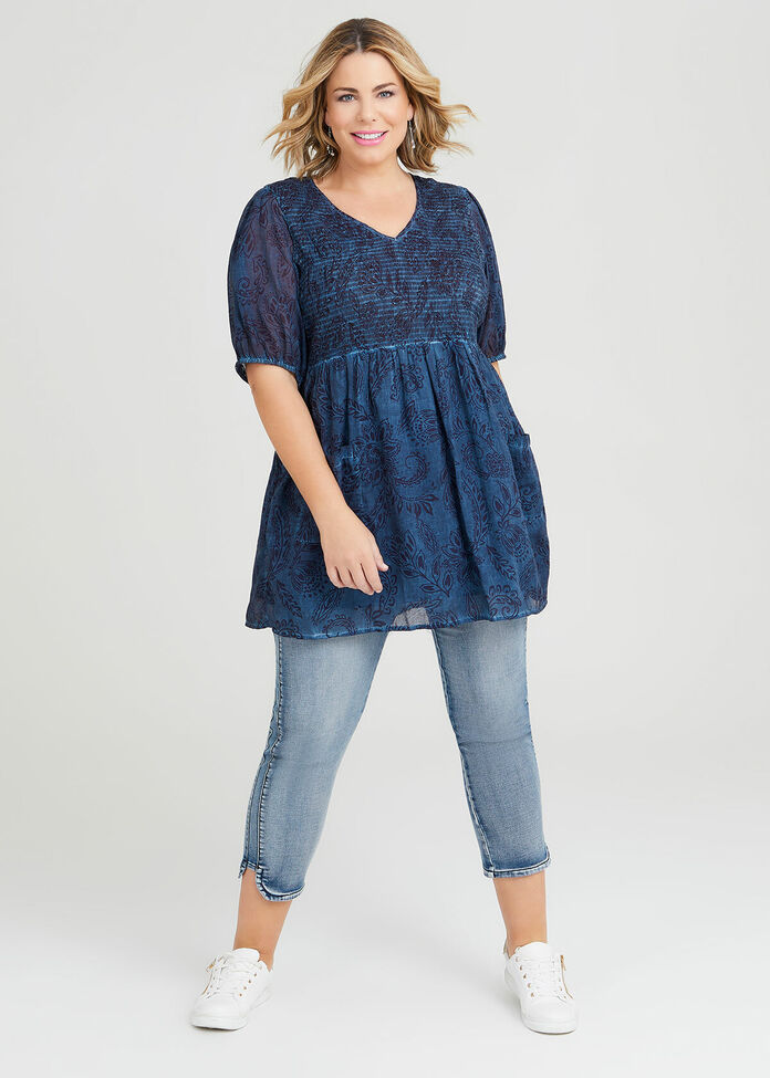 Shop Plus Size Cotton Pigment Print Shirred Tunic in Blue | Taking Shape AU