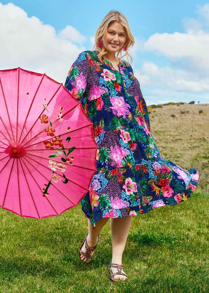 Natural Pattern Mix Tiered Dress in Multi, Sizes 12-30 | Taking Shape NZ