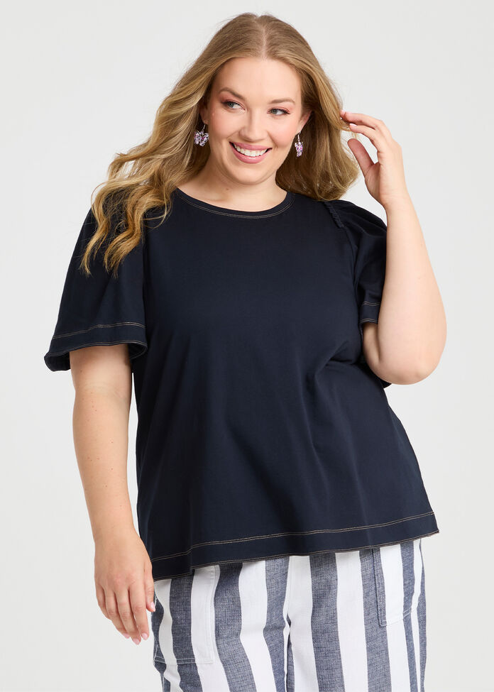 Shop Plus Size Cotton Contrast Stitch Top, Blue | Taking Shape NZ