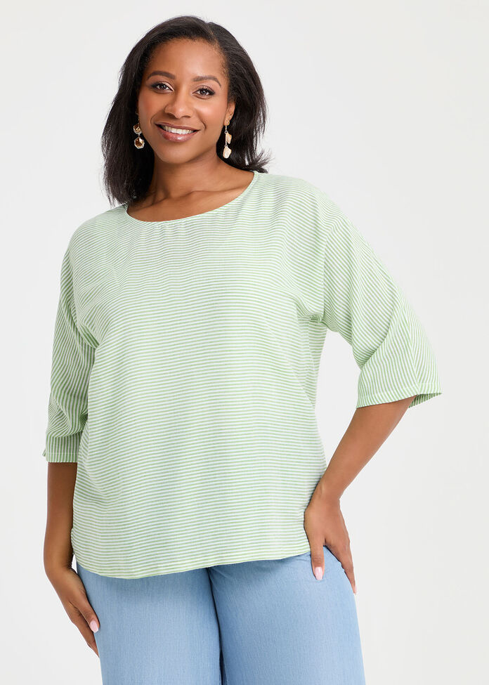 Shop Plus Size Natural Relaxed Fine Stripe Top, Green | Taking Shape AU