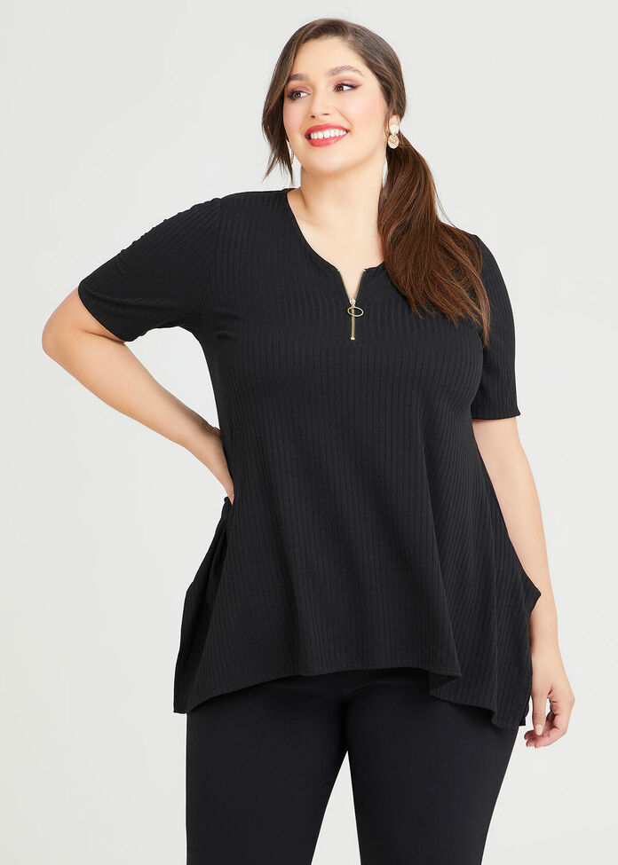 Shop Plus Size Ribbed Zip Neck Top, Black | Taking Shape AU