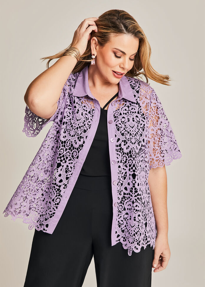 Shop Plus Size Button Front Lace Shirt, Purple | Taking Shape NZ