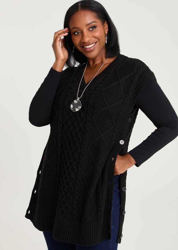 Shop Plus Size Cable Knit V-neck Button Tunic, Black | Taking Shape AU