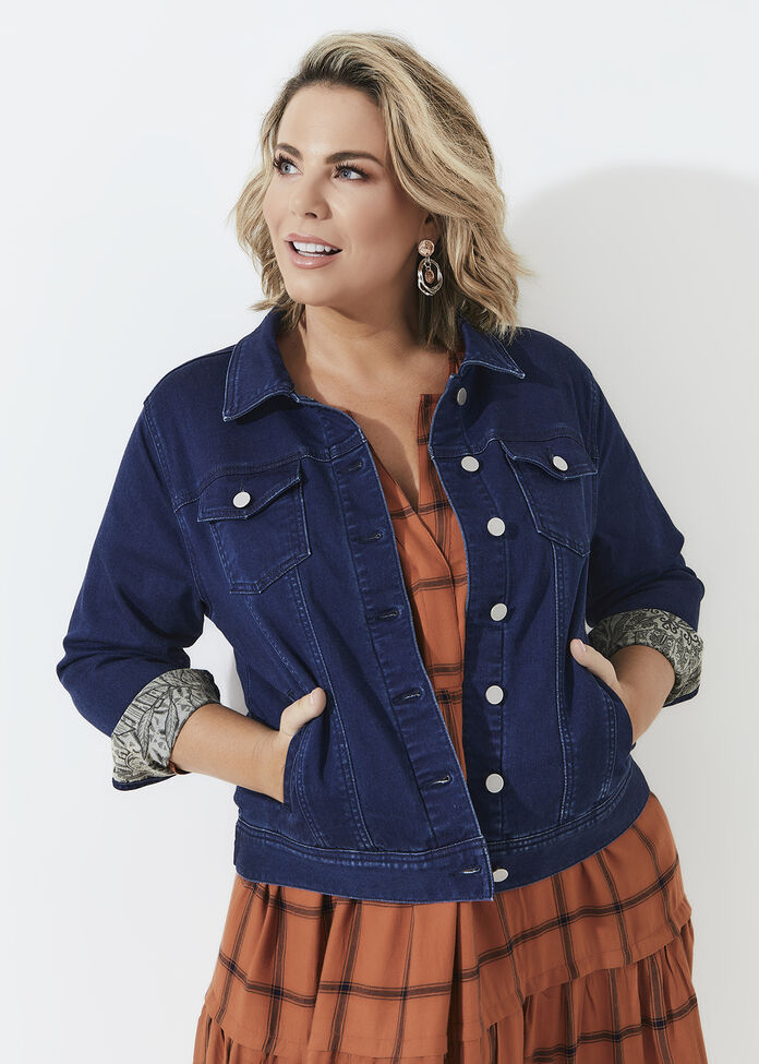 Shop Plus Size Inside Print Denim Jacket, Blue | Taking Shape AU