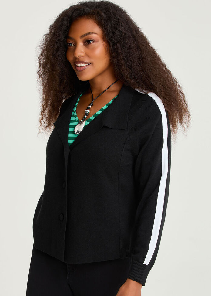 Shop Plus Size Stripe Trim Button Front Cardigan, Black | Taking Shape NZ