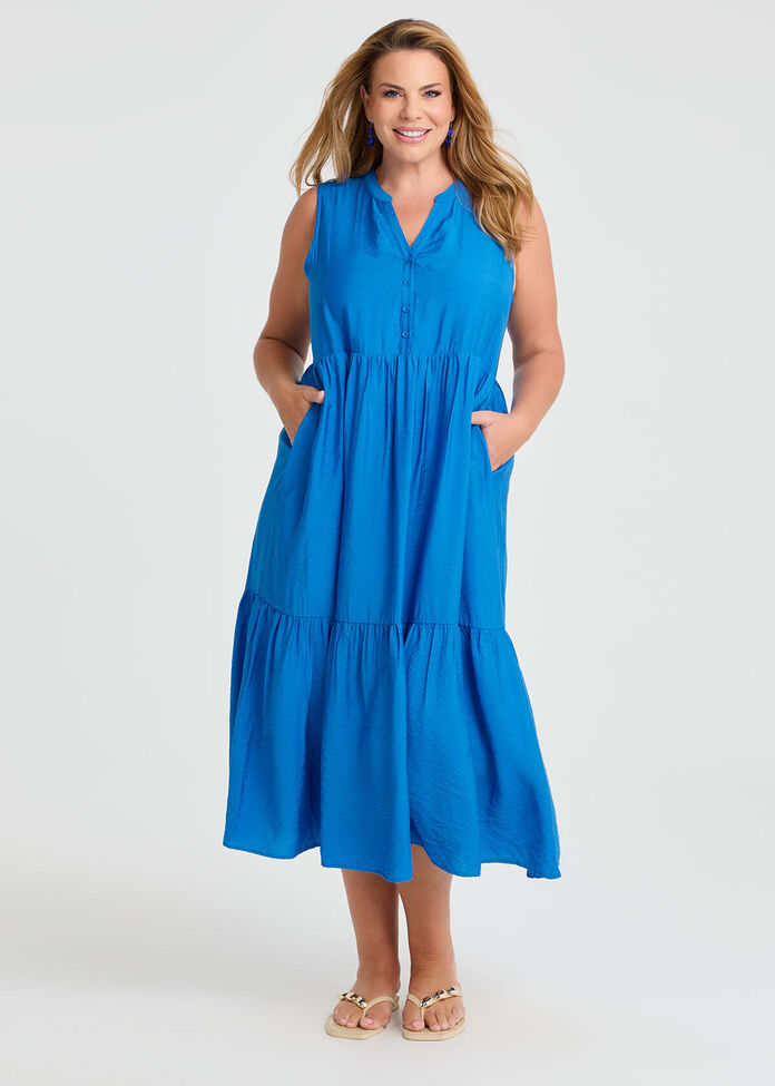 Shop Plus Size Natural Sleeveless Tiered Dress, Blue | Taking Shape NZ