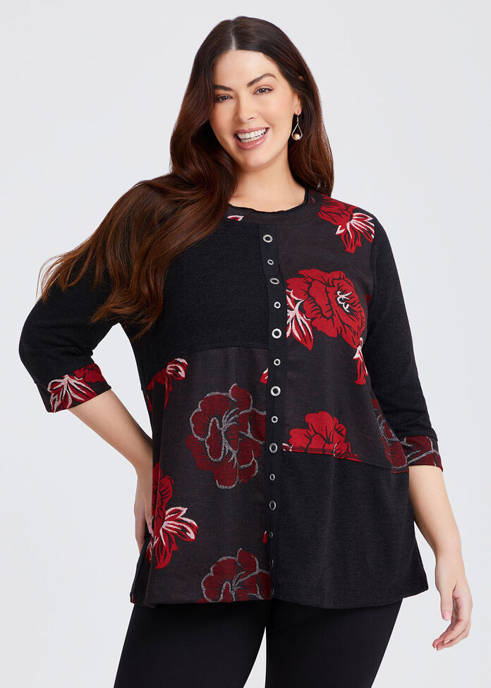 Plus Size Spliced Floral Snug Tunic Black & Red Rose | Taking Shape NZ