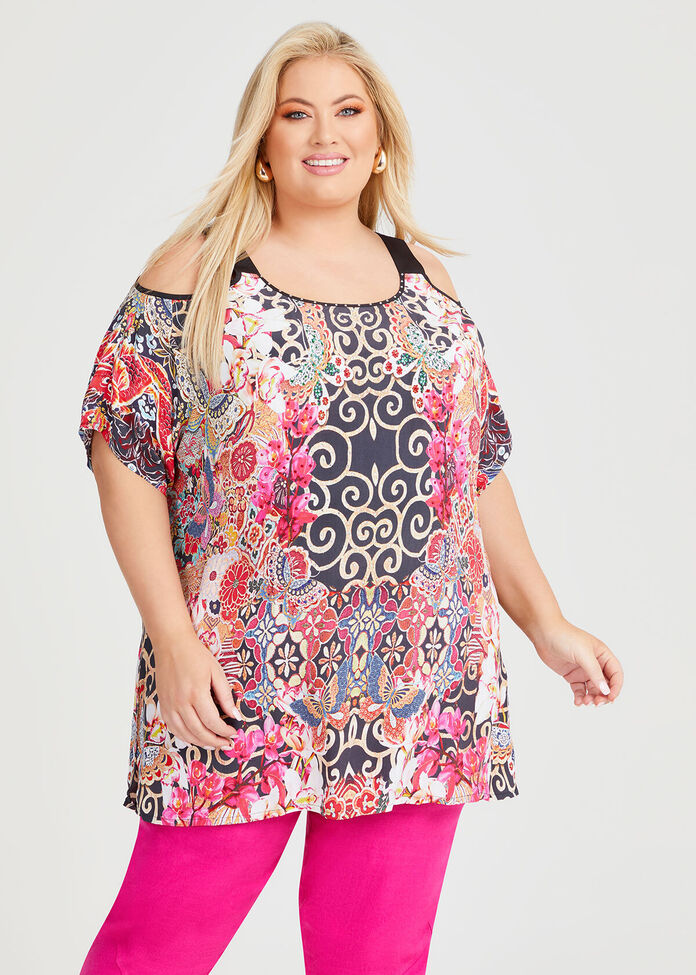 Plus Size Swirl Cold Shoulder Tunic Pink & Black | Taking Shape AU