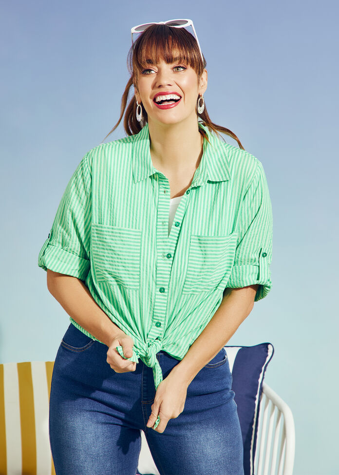 Shop Plus Size Cotton Seersucker Stripe Shirt, Green | Taking Shape AU