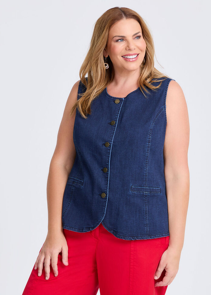 Shop Plus Size Denim Button Up Vest, Navy | Taking Shape AU