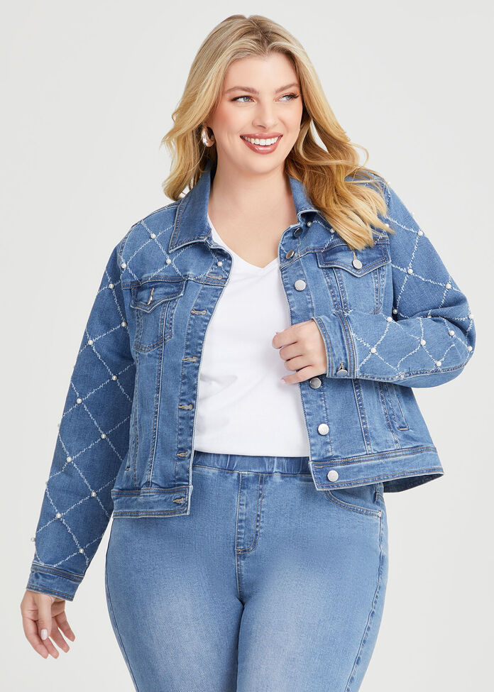 Shop Plus Size Pearl Embellished Jacket, Blue | Taking Shape SG