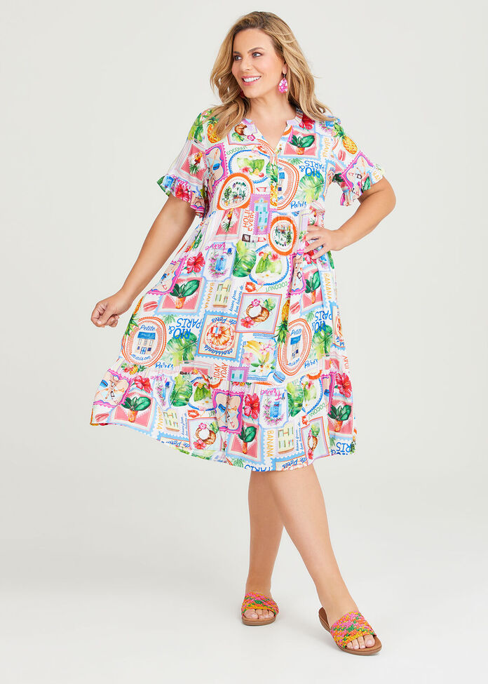 Shop Plus Size Natural Postcard Print Dress, Multi | Taking Shape AU