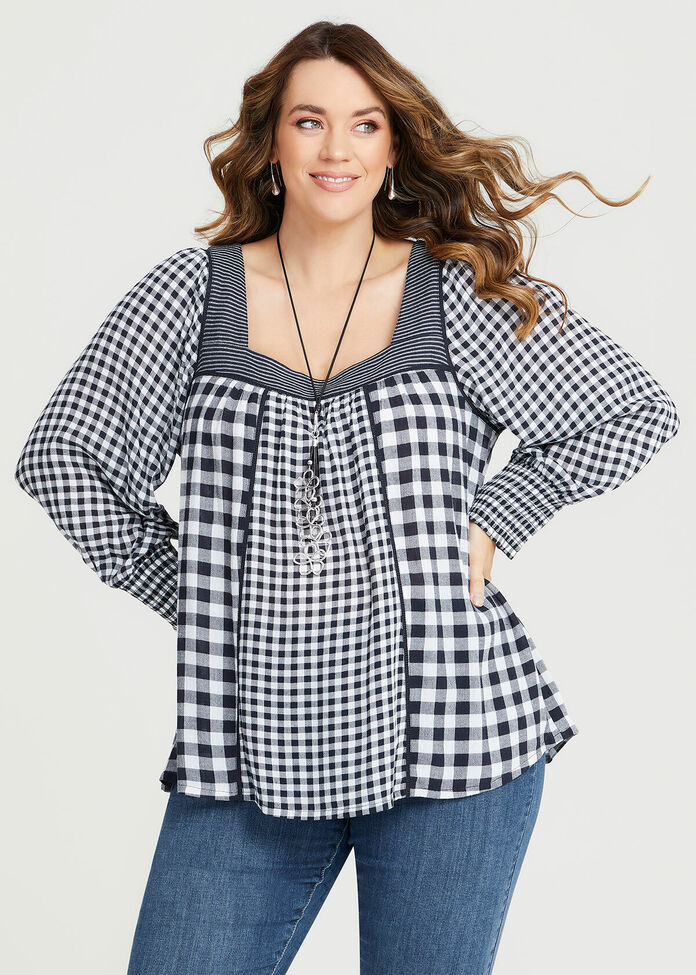 Shop Plus Size Natural Gingham Spliced Top, Blue | Taking Shape AU
