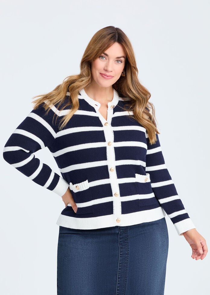 Shop Plus Size Cotton Buttoned Stripe Cardigan, Navy | Taking Shape NZ