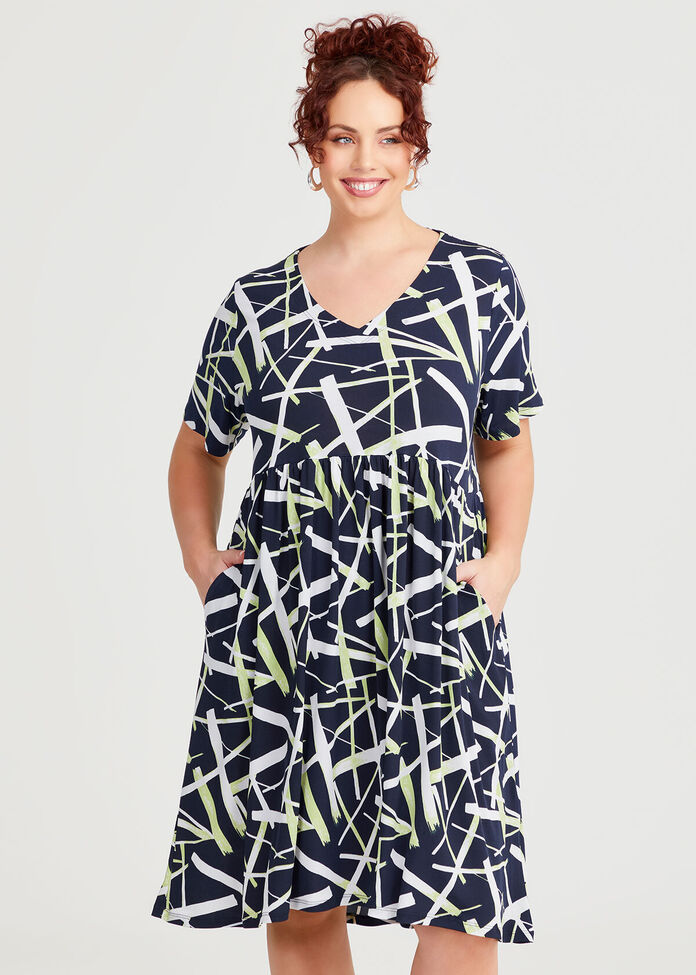 Plus Size Amy Moss Crepe Dress Navy Abstract Print | Taking Shape AU