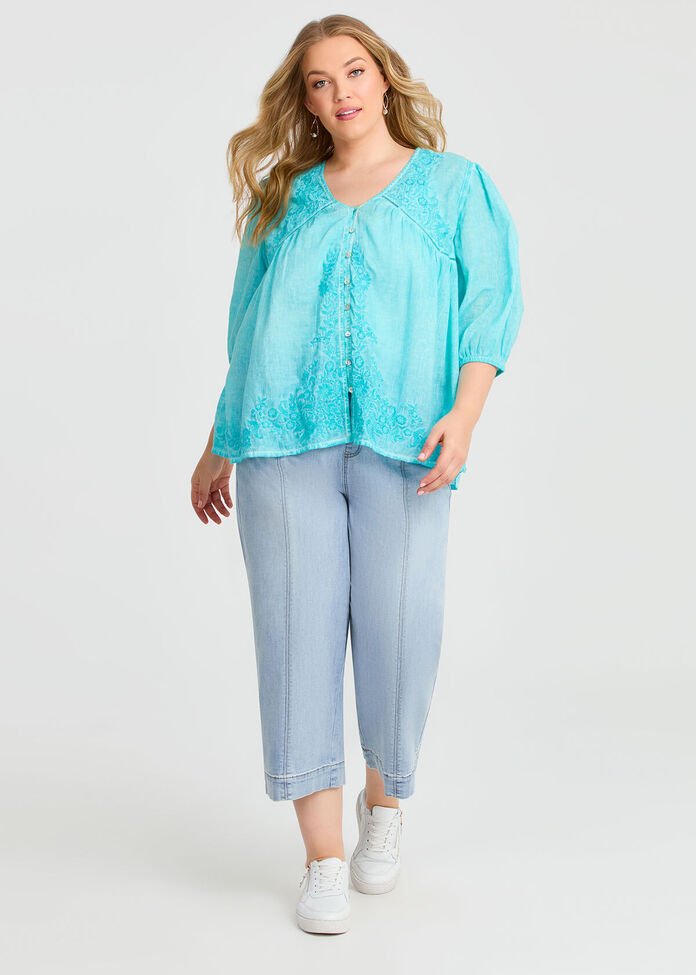 Shop Plus Size Cotton Tonal Embroidery Top, Blue | Taking Shape NZ