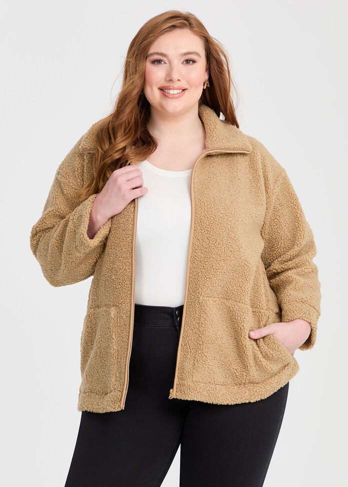 Shop Plus Size Teddy Zip Through Jacket, Brown | Taking Shape NZ