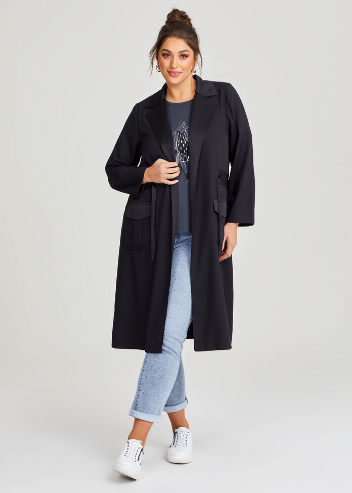 Shop Plus Size Satin Trim Long Trench Coat, Black | Taking Shape AU