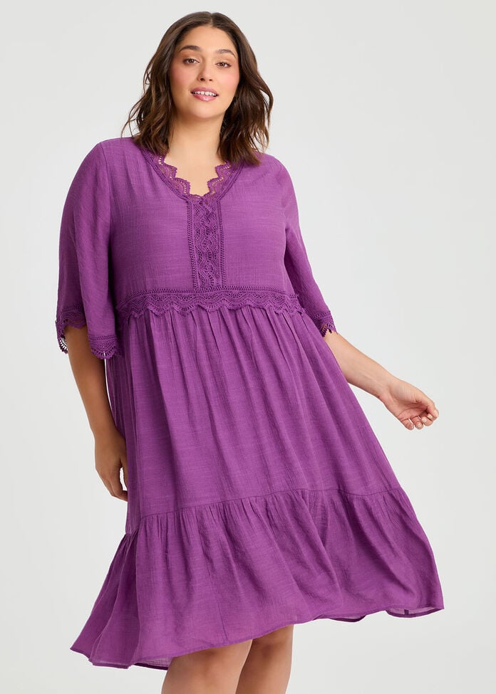 Shop Plus Size Natural Lace Trim Tiered Dress, Purple | Taking Shape NZ