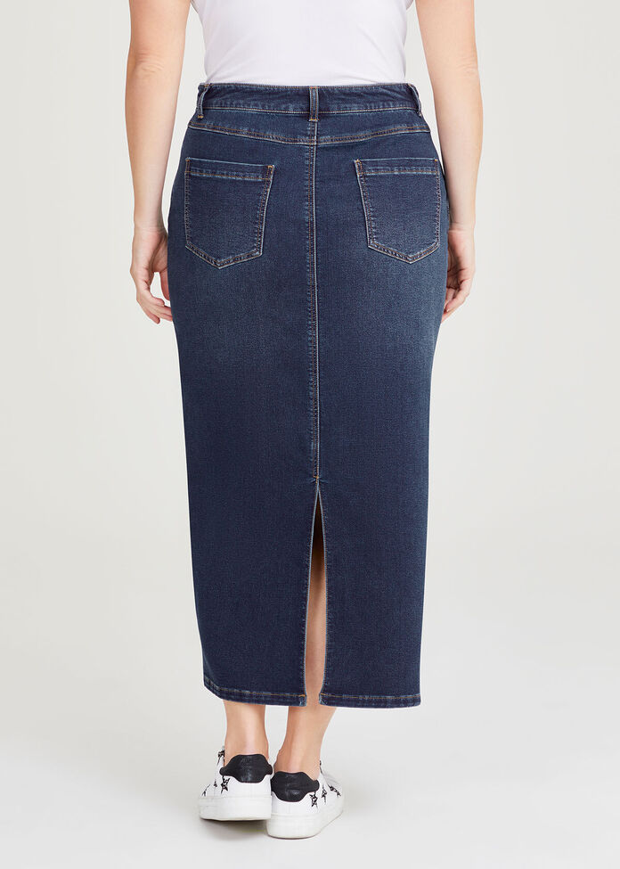 Shop Plus Size Split Back Denim Maxi Skirt, Blue | Taking Shape AU