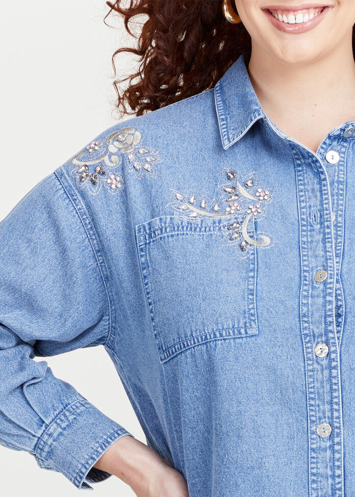 Shop Plus Size Chambray Embellished Shirt, Blue | Taking Shape AU