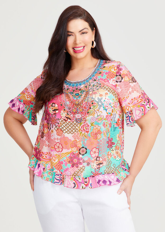 Plus Size Salsa Ruffle Natural Top: Pink & Blue | Taking Shape AU