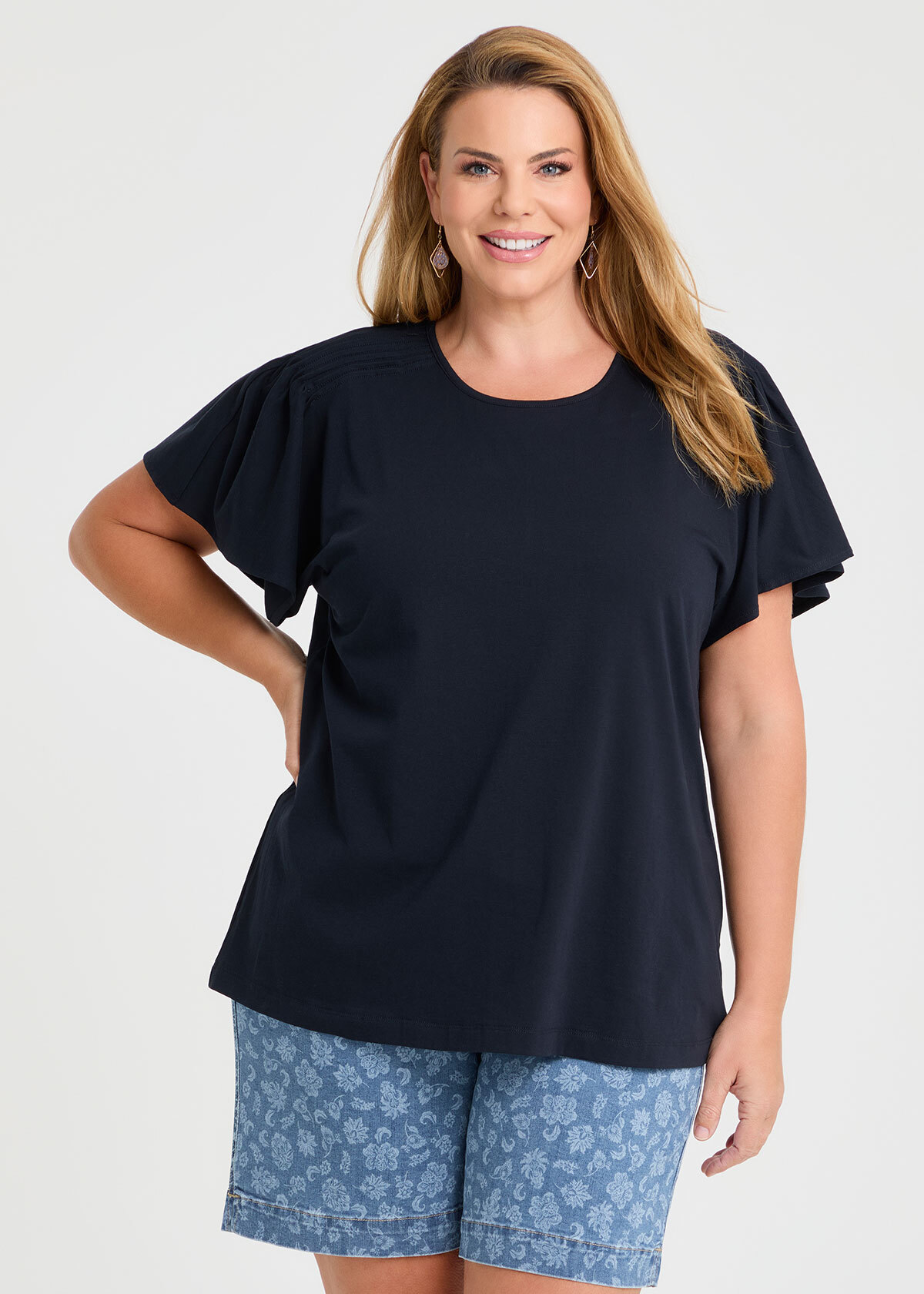 Shop Plus Size Cotton Pintuck Flutter Top, Navy | Taking Shape AU