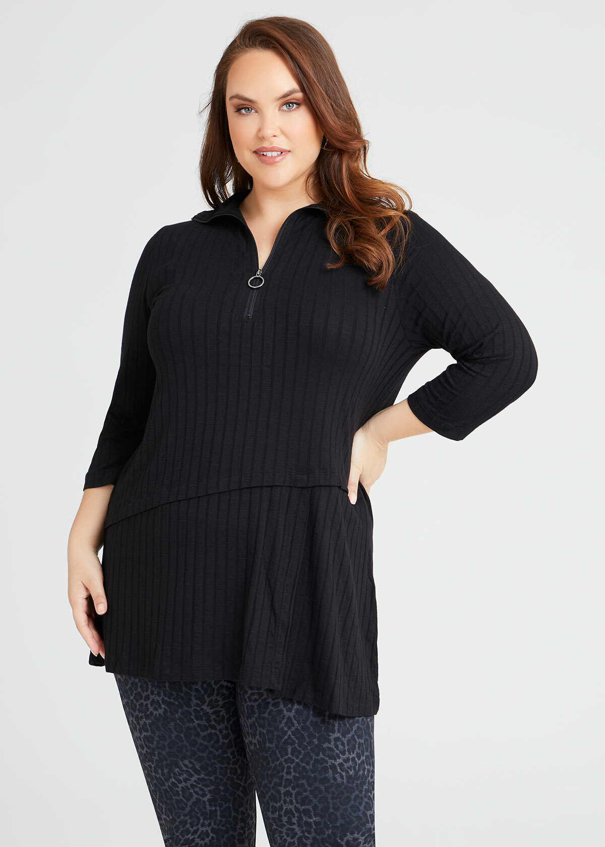 Shop Plus Size Rib Knit Natural Zip Top, Black | Taking Shape AU