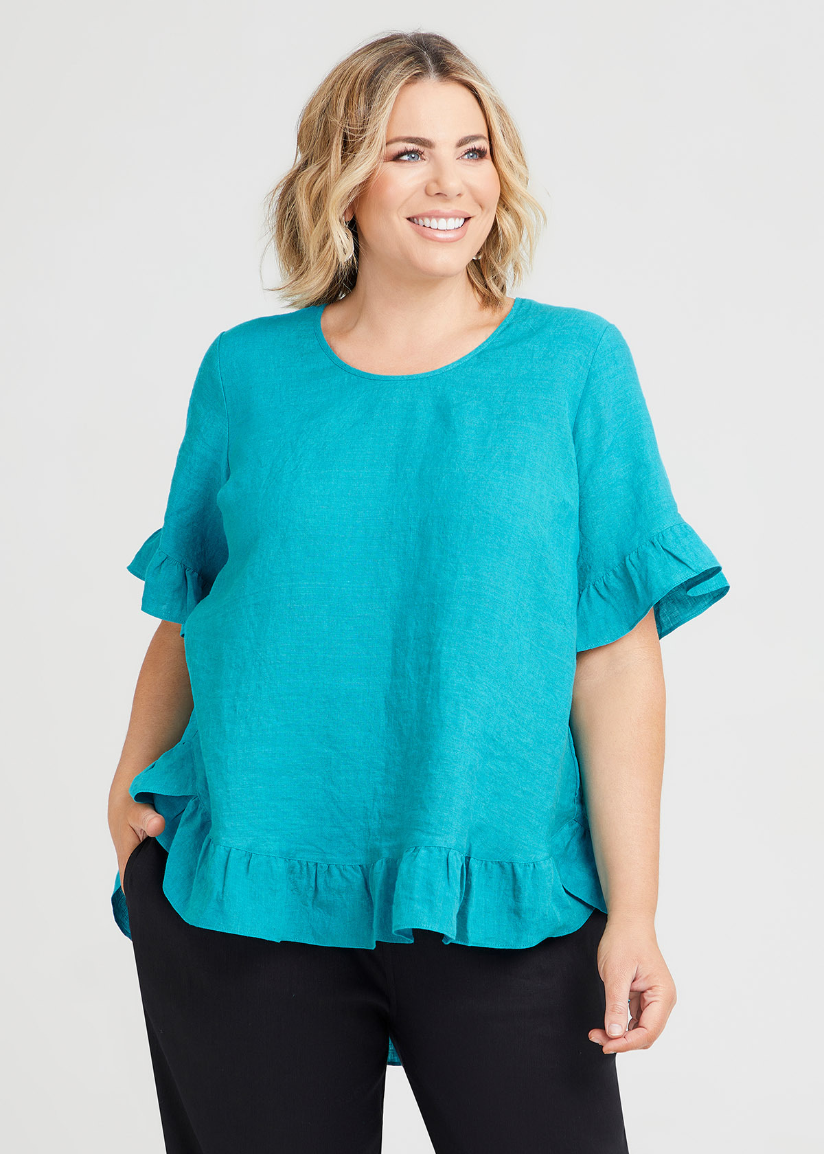 Shop Plus Size Luma Ruffle Linen Top in Blue | Taking Shape AU