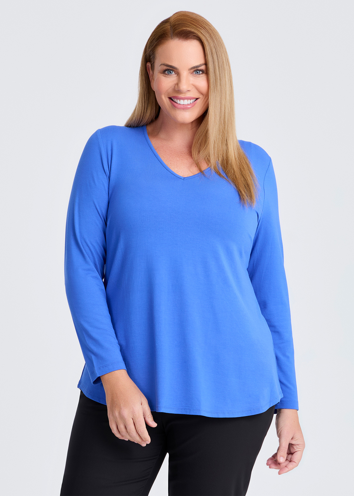 Shop Plus Size Natural Everyday V-neck Long Sleeve Top, Blue | Taking ...