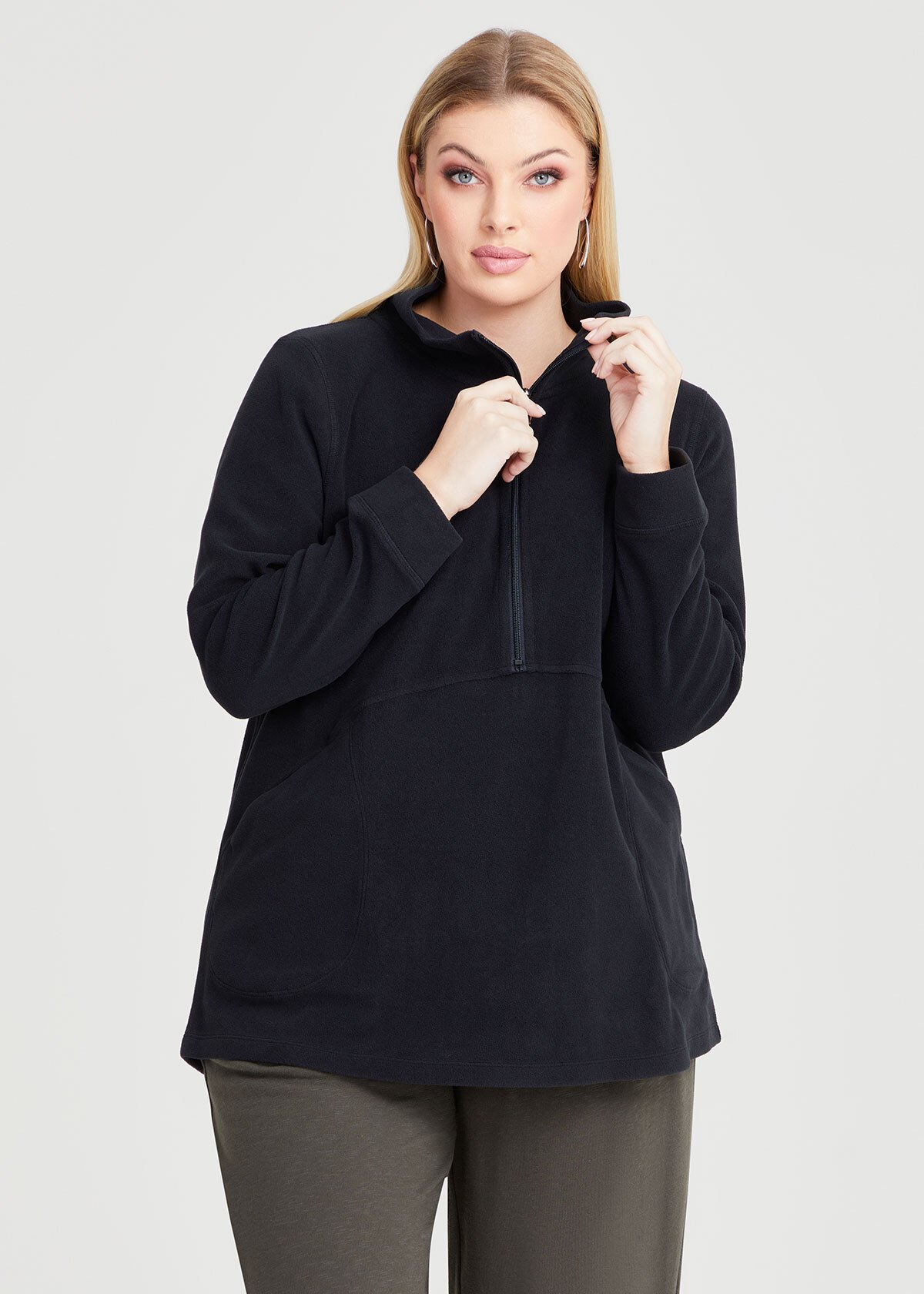 Plus Size Polar Fleece Black Women's 1/2 Zip Tops | Taking Shape AU